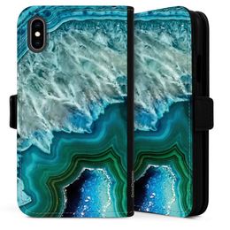 DeinDesign iPhone X Handy Klapph&uuml;lle Handyh&uuml;lle aus Kunst Leder schwarz Flip Case Stone Blue Marble Sideflip mit langer Lasche