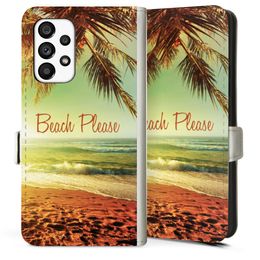 DeinDesign Galaxy A53 5G Handy Klapph&uuml;lle Handyh&uuml;lle aus Kunst Leder wei&szlig; Flip Case Palm Tree Urlaub Beach Sideflip mit Lasche