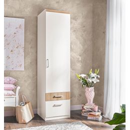 Kleiderschrank Priess, wei&szlig; (wei&szlig;, struktureichefarben hell), B:48cm H:193cm T:56cm, Holzwerkstoff, Schr&auml;nke, Kleiderschrank Dreht&uuml;renschrank