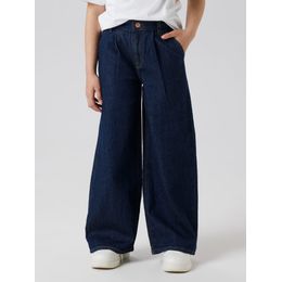 Relax-fit-Jeans name it "NKFBELLA HW W PLEAT JEANS 3020-AZ L NOOS", M&auml;dchen, Gr. 116, N-Gr, blau (dunkelblau denim detail:unwashed), Denim/Jeans, Obermaterial: 99% Baumwolle, 1% Elasthan, leichte Abriebeffekte, relaxed fit lang, Jeans