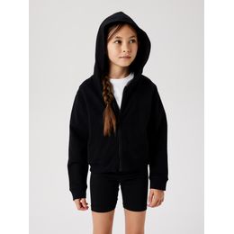 Kapuzensweatjacke name it "NKFMILLE SHORT NREG SWE CARD WH UNB NOOS", M&auml;dchen, Gr. 134/140, schwarz, Sweatware, Obermaterial: 80% Baumwolle, 20% Polyester, unifarben, normal taillenbedeckt, Rundhals, angesetztes B&uuml;ndchen, Sweatjacken