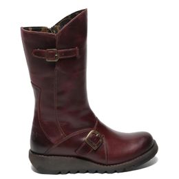 Fly London Damen MES 2 Plateaustiefel mit Keilabsatz, Schnalle, halbhoher Schaft, Leder, Rei&szlig;verschluss, Weinrot