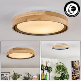hofstein Flache runde LED-Deckenleuchte Melstad mit Holzring in Naturfarben, 3000 Kelvin warmwei&szlig; Aus Metall, wei&szlig;er Schirm, &oslash; 30 cm, 1900 Lumen, IP44