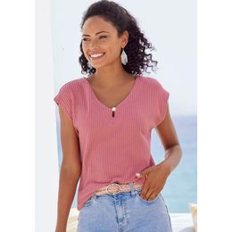 Lascana Kurzarmshirt mehrfarbig Gr. 48/50 f&uuml;r Damen. V-Ausschnitt und Zierknopf. Bequem. Nachhaltig.