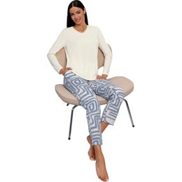 w&auml;schepur Damen Schlafanzug , Hose mit 2 Taschen champagner-rauchblau-bedruckt Gr&ouml;&szlig;e 36/38