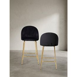 KADIMA DESIGN Barhocker 2er Set Samt Lehne Goldgestell Skandi-Stil Gepolstert, Schwarz 50x50x102 cm