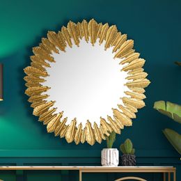KADIMA DESIGN Wandspiegel Rund Metall Gold 68 cm Federn-Design