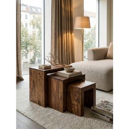 KADIMA DESIGN Beistelltisch 3er Set Massivholz Landhausstil Natur MUMBAI, Dunkelbraun 30x50x45 cm