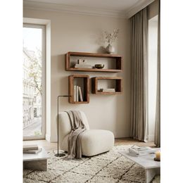 KADIMA DESIGN Wandregal Set BOHA Massivholz Viereckig Landhausstil, Dunkelbraun 80x15x20 cm