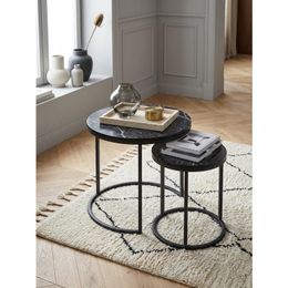KADIMA DESIGN Beistelltisch 2er Set Marmoroptik Rund Metall, Schwarz 50x50x45 cm
