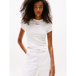 Kurzarmshirt Tommy Jeans "TJW SLIM SCRIPT LABEL SS TEE EXT", Damen, Gr. XXL (44), beige (ecru), Single Jersey, Obermaterial: 95% Baumwolle, 5% Elasthan, unifarben, figurbetont normal, Rundhals, Shirts