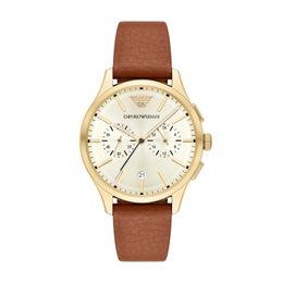 Chronograph Emporio Armani, cognac, goldfarben, Armbanduhren, Herren, Chronograph, Quarzuhr, Armbanduhr, Herrenuhr, Lederarmband, analog, Tag