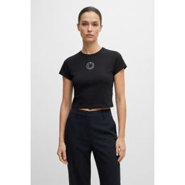 Kurzarmshirt Hugo "Dome", Damen, Gr. XXL (44), schwarz 001, Single Jersey, Obermaterial: 94% Baumwolle, 6% Elasthan, unifarben, eng taillenlang, Rundhals, abgesteppte Kante, Shirts, Cropped, mit Strass-Logo