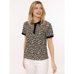 Zwillingsherz Damen Poloshirt "Leo", braun, Gr. XL, Web, Obermaterial: 100% Baumwolle, Shirts, mit Leomuster, kontrastierender Knopfleiste, kurzarm