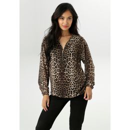 Chiffonbluse Aniston SELECTED, Damen, Gr. 40, schwarz (braun, beige, schwarz, gold), Chiffon, Obermaterial: 100% Polyester. Futter: 95% Viskose, 5% Elasthan, gemustert, figurumspielend h&uuml;ftbedeckend, V-Ausschnitt, mit Gummizug, Blusen Chiffonbluse, mit goldfarbenen Rei&szlig;verschluss am Ausschnitt