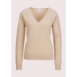 Madeleine Mode Longpullover MADELEINE "Pullover Kurzer V-Pullover mit Good Kaschmir", Damen, Gr. 40/42, grau (kiesel, wollwei&szlig;, melange), Obermaterial: 90% Schurwolle WV. 10% Kaschmir WS., Modern, normal, V-Ausschnitt, Pullover Longpullover