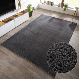 Wollteppich Theko "Gabbeh Uni, Handgefertigt, meliert, auch als L&auml;ufer erh&auml;ltlich, Wolle" Gr. 1, grau (dunkelgrau), B:60cm H:14mm L:90cm, Wolle, Teppiche, Schlafzimmer, Wohnzimmer, Esszimmer, auch als L&auml;ufer oder rund