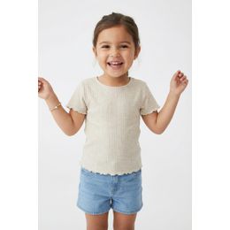 T-Shirt KIDS Only "KOGNELLA S/S O-NECK TOP NOOS JRS", M&auml;dchen, Gr. 110/116, beige (pumice stone detail:melange), Jersey, Obermaterial: 65% Polyester, 30% Viskose, 5% Elasthan, meliert, regular fit kurz, Rundhals, gewellter Abschluss, Shirts T-Shirt, mit s&uuml;&szlig;er Wellenkante