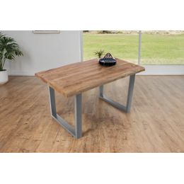 Baumkantentisch CALI Mango 120 / Mango roughfarben / 120x80 / U-Gestell Silber