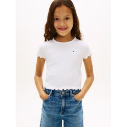 T-Shirt Tommy Hilfiger "ESSENTIAL RIB TOP mit Babylock-Kanten und Stickerei", M&auml;dchen, Gr. 12 (152), wei&szlig;, Rippware, Obermaterial: 95% Baumwolle, 5% Elasthan, unifarben, normal h&uuml;ftlang, Rundhals, Rollkante, Shirts T-Shirt, unifarben, casual, regular fit, Baumwollmix, Rundhals