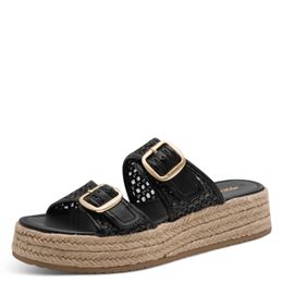 Pantolette Tamaris, Damen, Gr. 38, schwarz, Bast, Lederimitat, unifarben, Schuhe Pantolette, Plateau, Sommerschuh, Schl&uuml;pfschuh mit sommerlicher Lochung