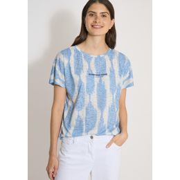 Kurzarmshirt Cecil, Damen, Gr. L (42), urban dunkelblau, Jersey, Obermaterial: 65% Polyester, 35% Viskose, bedruckt, normal h&uuml;ftbedeckend, Rundhals, abgesteppte Kante, Shirts, Sommershirt im Ausbrenner-Look mit Wording
