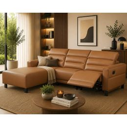 Ecksofa OTTO HOME "Carpari, L-Form, 263 cm, manuelle o. elektrische Relaxfunktion", braun (cognac), B:263cm H:97cm T:179cm, Sofas, Ecksofa, USB A/C und Kopfteilverstellung