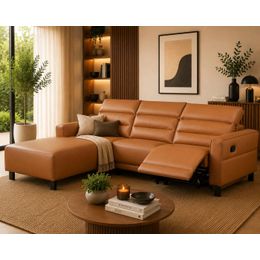 Ecksofa OTTO HOME "Carpari, L-Form, 263 cm, manuelle o. elektrische Relaxfunktion", braun (cognac), B:263cm H:97cm T:179cm, Sofas, Ecksofa, USB A/C und Kopfteilverstellung