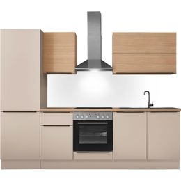 K&uuml;chenzeile KOCHSTATION "Cocco B/H/T 270x211x60 cm", beige (k&uuml;che: wei&szlig;, front: kaschmirfarben, eiche hell, korpus: kaschmirfarben, arbeitsplatte: eiche hell), B:270cm H:211cm T:60cm, Komplettk&uuml;chen-Sets, K&uuml;chenzeile, Breite 270 cm, wahlweise mit E-Ger&auml;ten und Induktion
