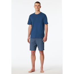 Pyjama Schiesser "Casual Essentials", Herren, Gr. 52, 815, blau, Single Jersey, Obermaterial: 100% Baumwolle, bequem kniefrei, Rundhals, Homewear-Sets Pyjama, mit unifarbenem Oberteil und gemusterter Hose