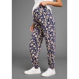Umstandshose Neun Monate "Haremshose f&uuml;r Schwangerschaft und Stillzeit", Damen, Gr. 40/42, N-Gr, blau (marine gebl&uuml;mt), Jersey, Obermaterial: 95% Viskose, 5% Elasthan, bedruckt, gebl&uuml;mt, Basic, bequem lang, Hosen, in bequemer Passform und mit Blumenmuster