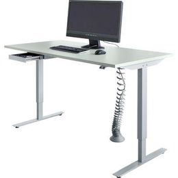 Schreibtisch, elektrisch h&ouml;henverstellbar, Rechteck, T-Fu&szlig;, B 1600 mm, lichtgrau/wei&szlig;alu + Schublade & Kabelspirale