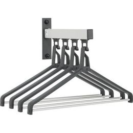 Wandgarderoben-Element &ndash; epoxidbeschichtet (mattsilber/tiefschwarz RAL 9005), Kleiderstange, 4 Einzelhaken (Abstand 70 mm, Traglast je Haken 10 kg), inkl. 4 Kleiderb&uuml;gel, H 300 &times; B 450 &times; T 280 mm