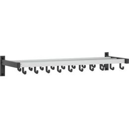 Wandgarderobe &ndash; 19 Einzelhaken + Hutablage, Profile Aluminium silbermatt eloxiert, St&uuml;tzen schwarz (RAL 9005) epoxidbeschichtet, Haken/Abdeckungen Kunststoff schwarz, Ma&szlig;e H 160 &times; B 1000 &times; T 330 mm
