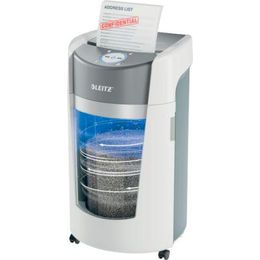 Leitz IQ OptiMax Office Aktenvernichter, Mikropartikelschnitt 2 x 15 mm, P-5, 35 l, 10 Blatt Schnittleistung, Rotationstechnologie, mit Rollen, wei&szlig;