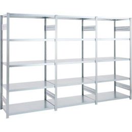 Regalkombination ORDO Industry, 1 Grundregal + 2 Anbauregale, 15 Fachb&ouml;den, modular, Fachlast 185 kg, Feldlast 1000 kg, B 3980 x T 835 x H 2500 mm, verzinkt