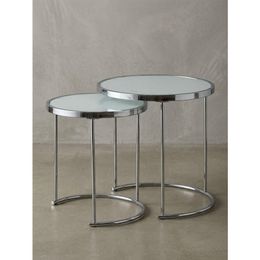 KADIMA DESIGN Beistelltisch Set &ndash; Rund Wei&szlig; Silber Glasplatte 2-teilig &Oslash;50x42 cm