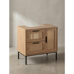 KADIMA DESIGN Waschbeckenunterschrank Eiche-Optik 60x60x40 cm mit T&uuml;r, Schubladen und Rattangeflecht