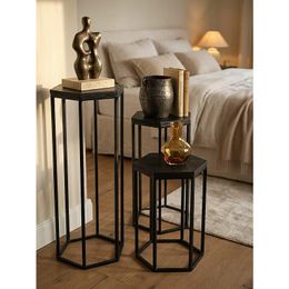 KADIMA DESIGN Beistelltische 3er Set Mango Massivholz mit Metallgestell sechseckig Schwarz