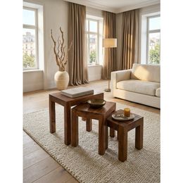KADIMA DESIGN Beistelltisch 3er Set Massivholz Landhausstil MUMBAI, Dunkelbraun 35x45x50 cm