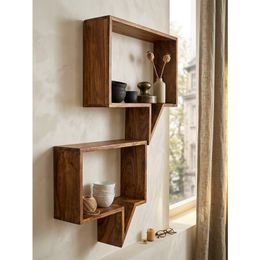 KADIMA DESIGN Wandregal Set MUMBAI Massivholz H&auml;ngend Landhausstil, Dunkelbraun 50x13x49 cm