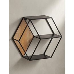 KADIMA DESIGN Wandregal Mango Massivholz Metall Industrial Stil 60x52x20 cm Sechseckig mit 3 Ablagen