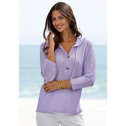 Lascana Kapuzenshirt 'aus sommerlichem Waffelstrick' violett Gr. 40/42 f&uuml;r Damen. Mit V-Ausschnitt. L&auml;ssig Geschnitten. Nachhaltig.