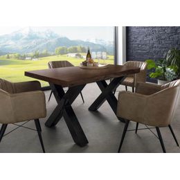 Baumtisch Akazie 140x90x77 braun lackiert / X-Beine anthrazit gl&auml;nzend FREEFORM 5