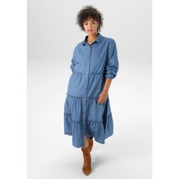 Jeanskleid ANISTON PLUS, Damen, Gr. 46, N-Gr, blau (jeansblau), Denim/Jeans, Obermaterial: 100% Baumwolle, unifarben, figurumspielend kn&ouml;chelfrei, 1-Knopf-Manschette, Kleider, in Denimqualit&auml;t