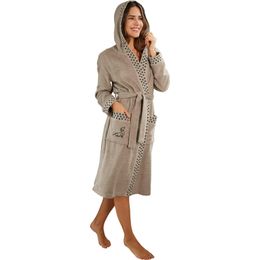 feel good Damen Bademantel mit Pf&ouml;tchen-Print und Dackel-Stickerei beige-schwarz Gr&ouml;&szlig;e 36/38