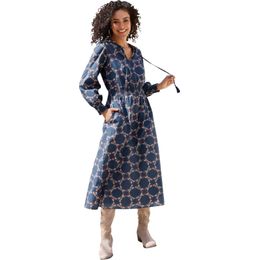 CR&Eacute;ATION L Damen Baumwollkleid mit Smok-Details rauchblau-rosenholz-bedruckt Gr&ouml;&szlig;e 38