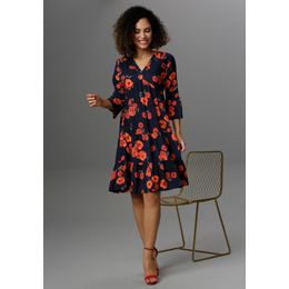 Tunikakleid Aniston CASUAL, Damen, Gr. 36, N-Gr, schwarz (marine, rot, koralle, olivgr&uuml;n), Web, Obermaterial: 100% Viskose, bedruckt, gebl&uuml;mt, l&auml;ssig geschnitten kniefrei, V-Ausschnitt, Volant, Kleider, mit Klatschmohn-Blumen bedruckt, Topseller