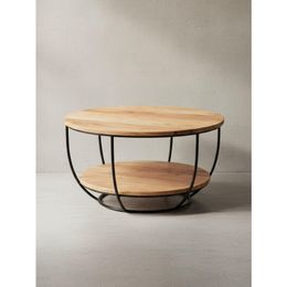 KADIMA DESIGN Couchtisch rund aus Akazie Massivholz und Metall, mit Ablage, Industrial-Stil, Braun