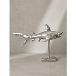 KADIMA DESIGN Dekofigur Hai Aluminium 70 cm mit Sockel im maritimen Stil, Silbern 70x27x49 cm